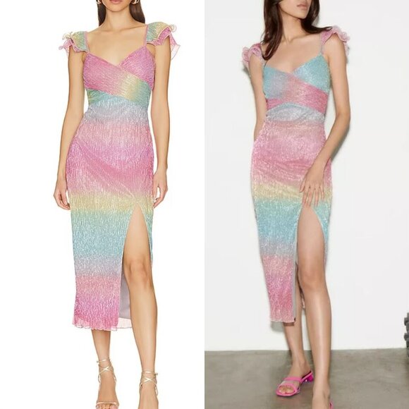 SAYLOR | Dresses | Saylor Ombre Metallic Myrah Ruffle Shoulder Slit Midi Dress | Poshmark